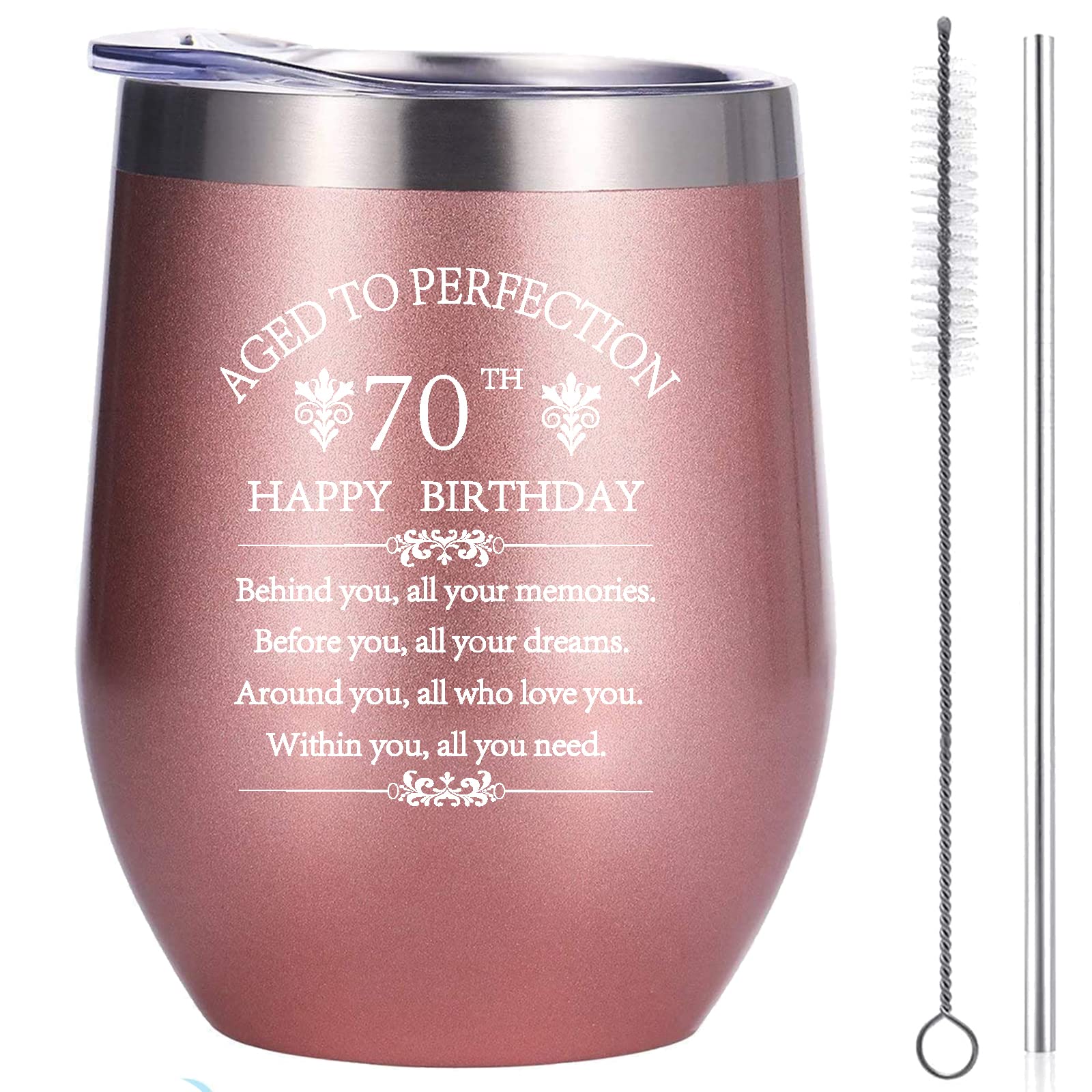 COFOZA Inspiration 1953 70th Birthday Gifts for Woman Man Mom Dad Grandmom Aunt Uncle 12 Ounce Double Wall Insulted Rose Gold Stainless Steel Wine Tumbler 70 Years Birthday Present
