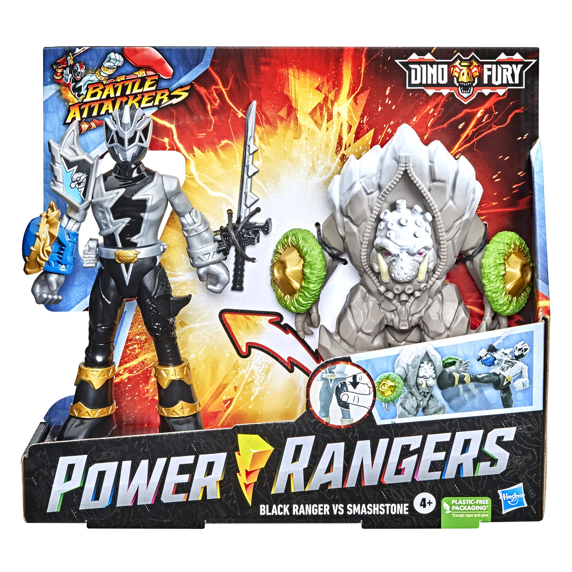 Power Rangers Dino Fury Battle Attackers 2-Pack Black Ranger vs. Smashstone Kicking Action Figure Toys, TV Inspired Accessory Ages 4 and Up
