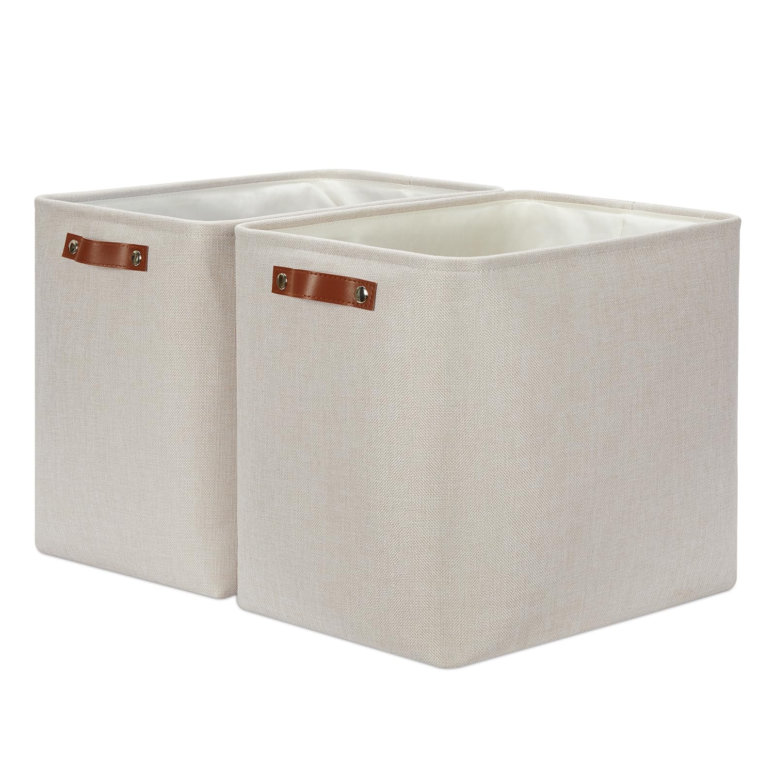 DULLEMELO 2-Pack Foldable Storage Baskets Canvas Fabric Storage Basket Bins With Cloth Handles for Shelf Clothes Empty Gift Baskets (White&Khaki)