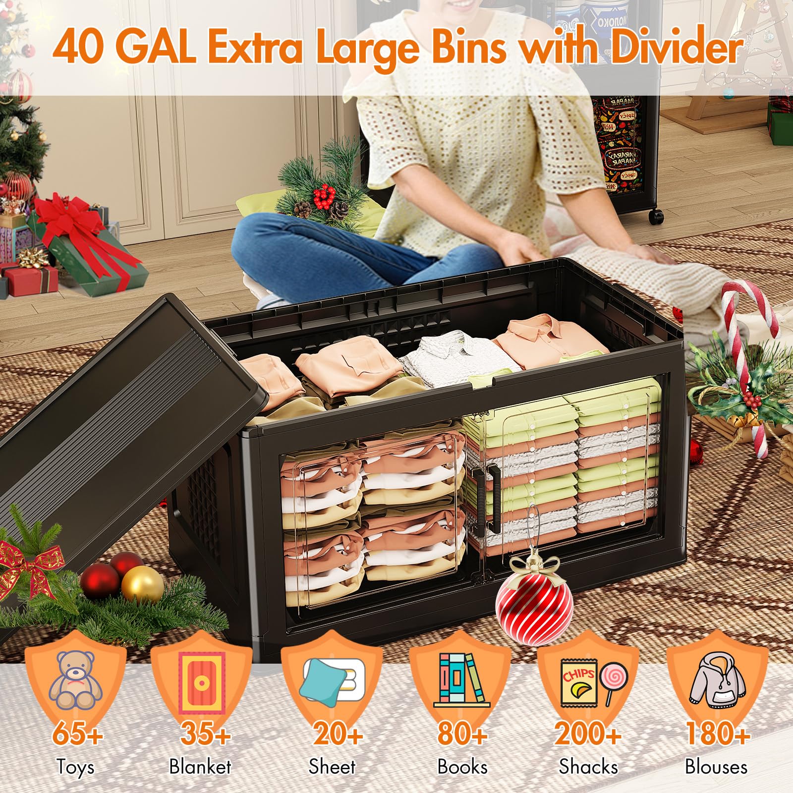 Fangtueh 200GAL Storage Bins with Lid and Wheels, Stackable Closet Organizers and Storage Drawer, Collapsible Storage Box with Dividers, Foldable Plastic Cabinets Cubes Totes for Garage, 5 Pack Black