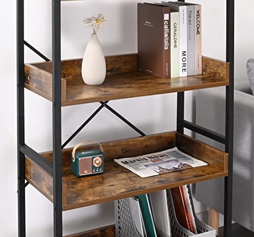 RokiaTek Bookshelf Bookcase 6-Tier Storage Rack with Open Shelves, Vintage Standing Bookshelves Metal Frame Industrial Display Rack for Living Room Bedroom, Rustic Brown and Matte Black