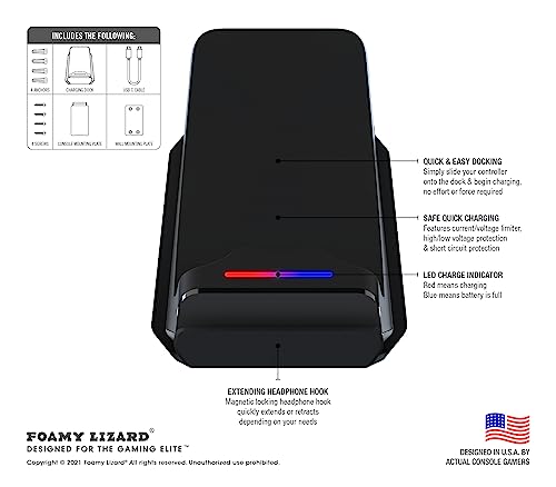 Foamy Lizard PS5 Controller Charger Console and Wall Mount for Playstation 5 DualSense Fast Charging Station Hanging Dock, Headphone Hook, LED Indicator, Overcharge Protection (All Black)