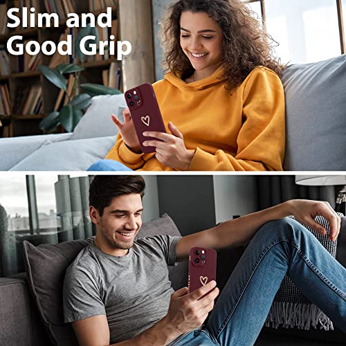 Fiyart Designed for iPhone 14 Pro Max Case Love Heart Design for Women Girls Soft TPU Plating Full Camera Lens Protection Phone Bumper with Screen Protector for iPhone 14 Pro Max 6.7"-Wine Red