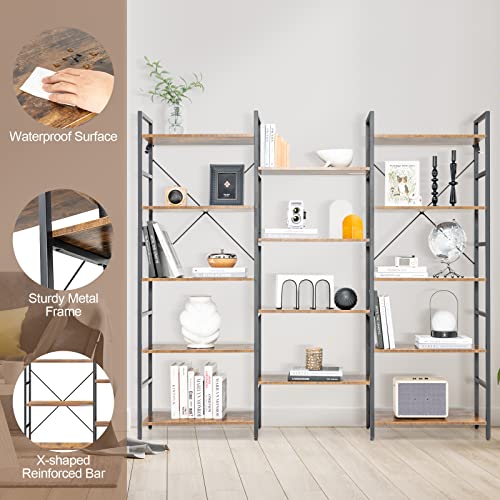 Giantex Triple 5-Tier Industrial Bookshelf- Freestanding Metal Frame Ladder Bookcase with 14 Open Shelves, Wooden Large Display Open Shelving for Living Room Home Office Study, Rustic Brown