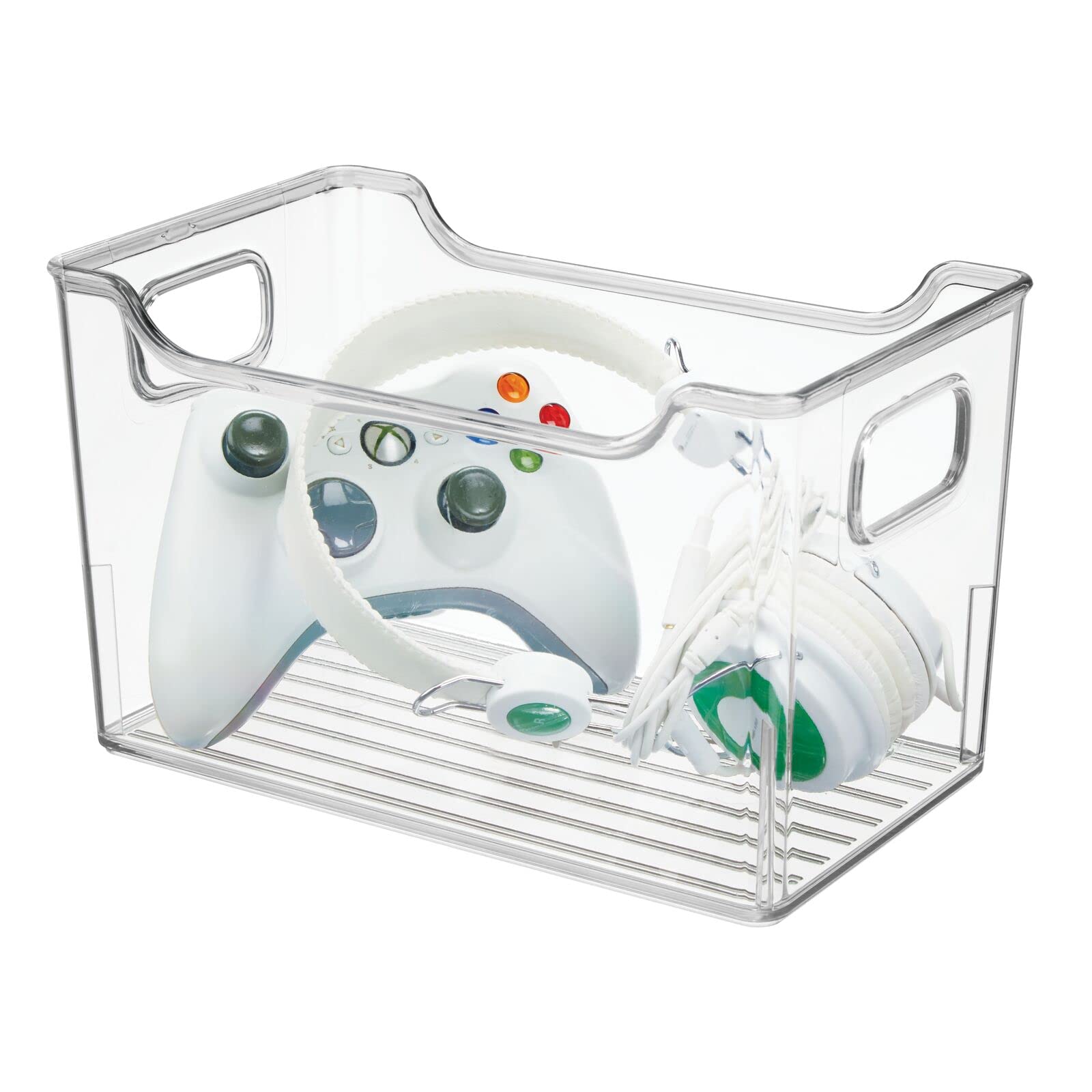 mDesign Deep Plastic Storage Organizer Storage Bin, Game and Comic Organization for Cabinet, Playroom, Shelves, or Closet - Holds Video Games, Tablets, DVDs, or Controllers, Ligne Collection - Clear
