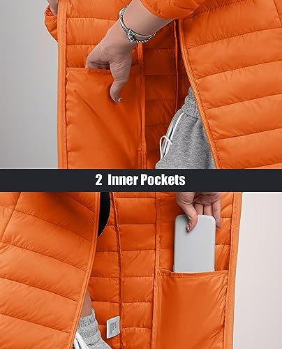 MAGCOMSEN Puffer Coat Women Winter Ultra-light Quilted Padded Jacket with 4 Pockets Full Zip Stand Collar Warm Coat, Orange M