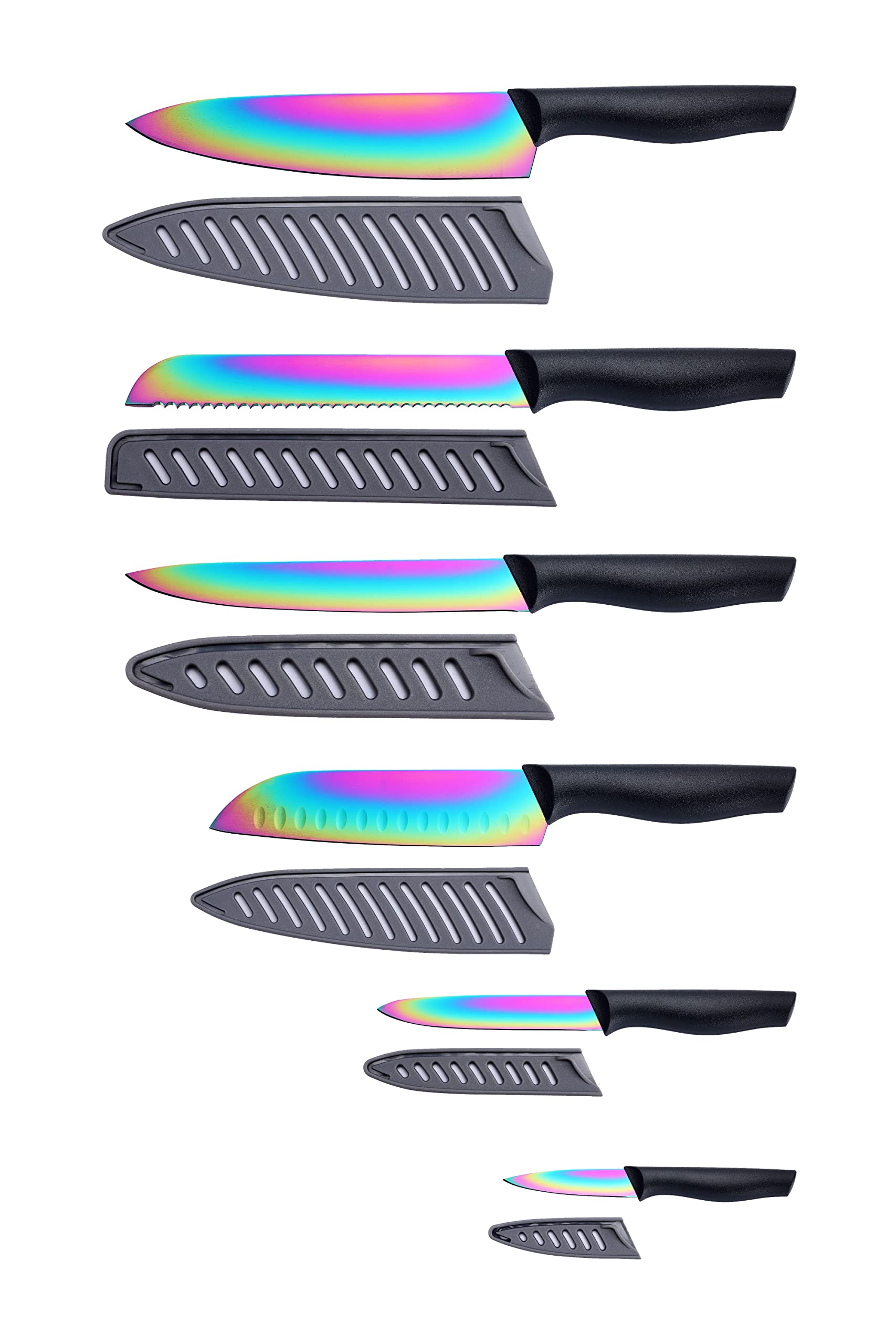 KYA36 Rainbow Titanium 12-Piece Stainless Steel Kitchen Knives Set with Sheath + Marco Almond KYA47 Rainbow Titanium Serrated Stainless Steel Steak Knives Set of 8
