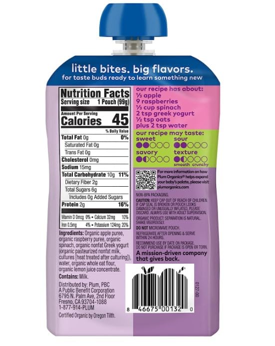 Plum Organics | Stage 2 | Organic Baby Food Meals [6+ Months] | Apple, Raspberry, Spinach & Greek Yogurt | 3.5 Ounce Pouch (Pack Of 6) Packaging May Vary