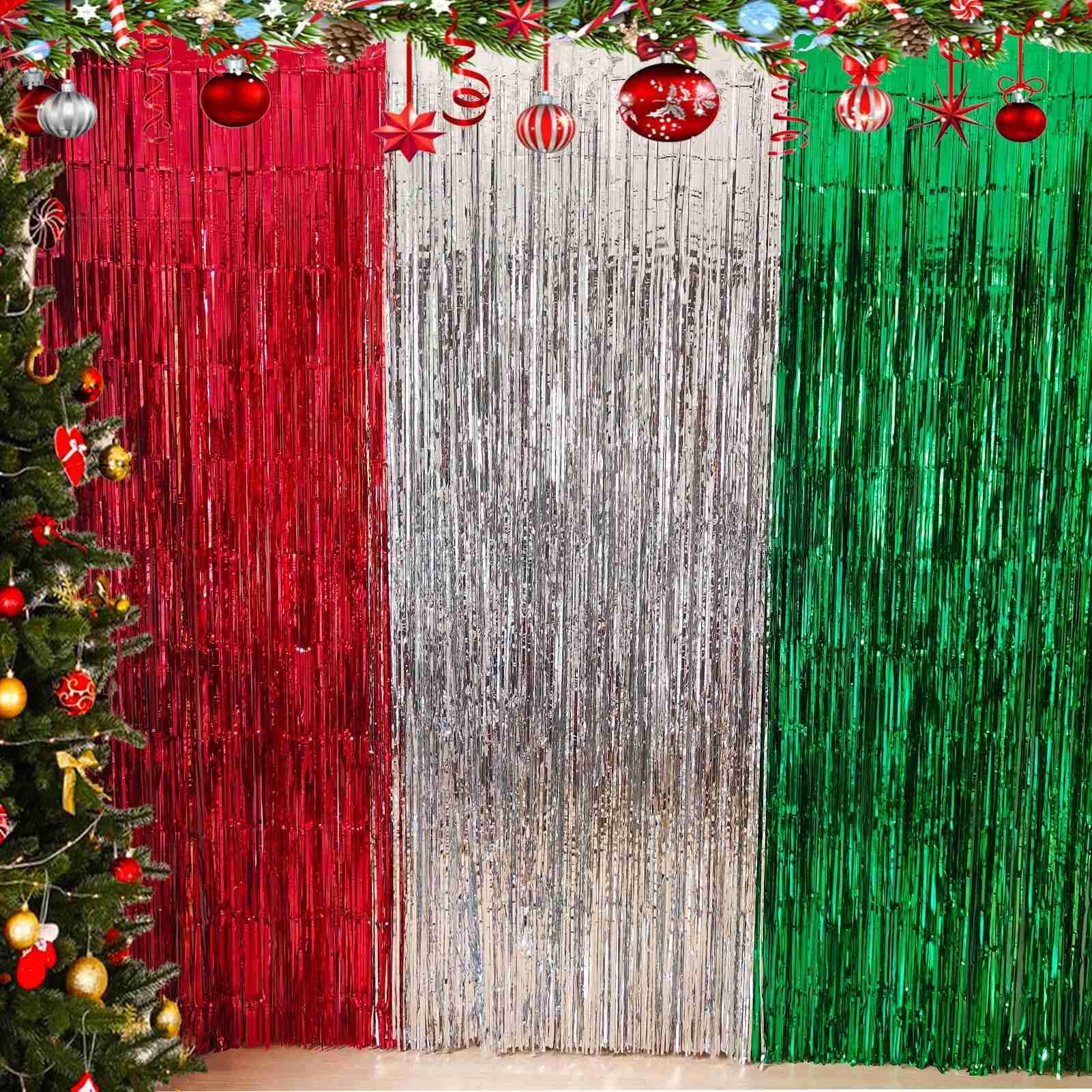 Christmas Foil Fringe Curtain -3 Pack of 3.2x8.2ft Red Silver Green Tinsel Fringe Backdrop Streamers for Christmas Ugly Sweater Party New Years Eve Party Supplies 2024 Photo Backdrop Party Decorations