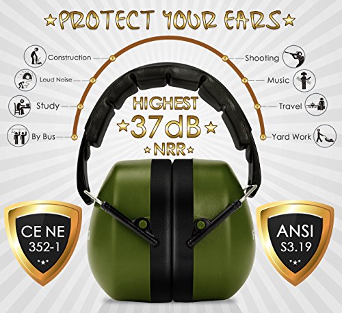 FRiEQ 37 dB NRR Sound Technology Safety Ear Muffs with LRPu Foam for Shooting, Music & Yard Work, Green