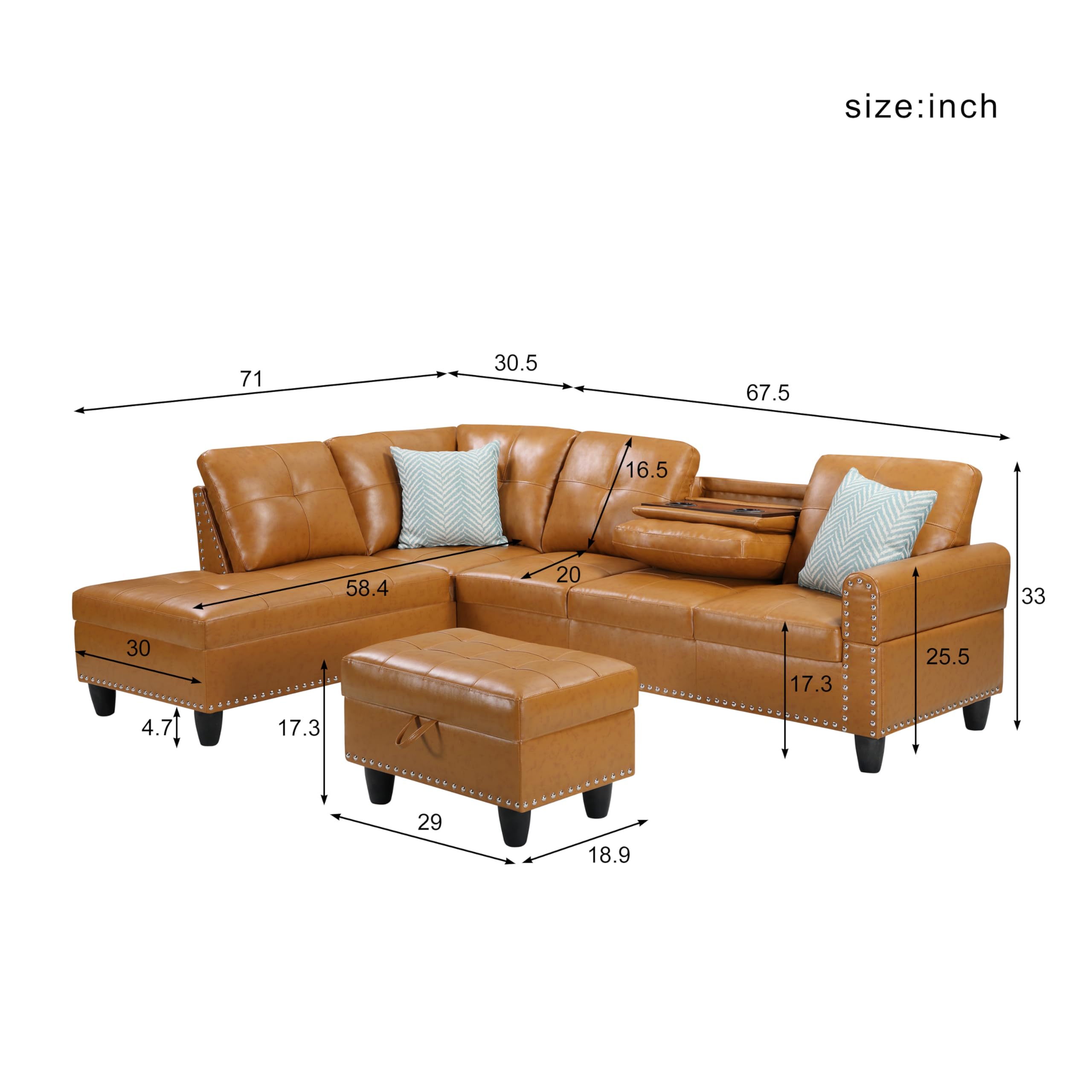 FANYE L-Shaped 5 Seaters Sectional Sofa with Right Chaise, Faux Leather Upholstered Corner Sofa&Couch W/2 Cup Holders and Storage Ottoman for Home Apartment Office Living Room
