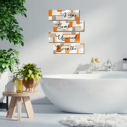Tradder 4 Pcs Bathroom Wall Art Modern Orange and White Painting Art Bathroom Wall Signs Farmhouse Relax Soak Unwind Breathe Hanging Sign for Home Bathroom Decor