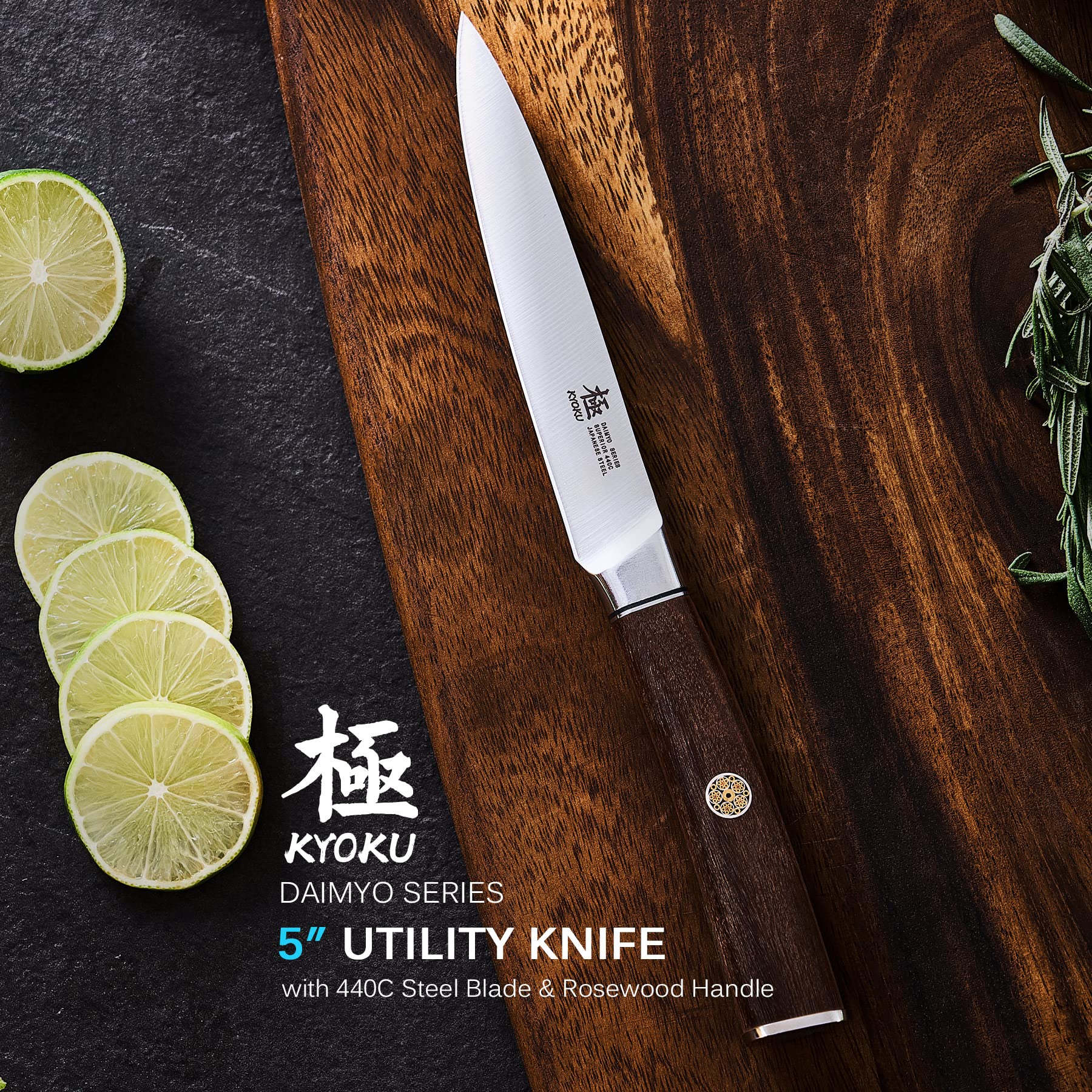 KYOKU Daimyo Series 7" Santoku Knife + 4.5'' Paring Knife + 5'' Utility Knife - Japanese 440C Stainless Steel - Rosewood Handle