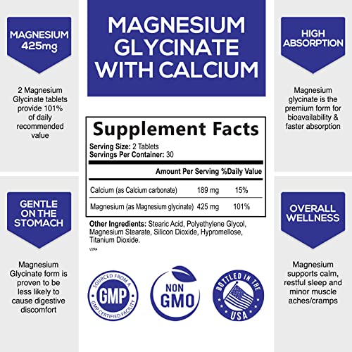 Magnesium Glycinate 425 mg with Calcium - Max Absorption Magnesium Tablets for Muscle, Nerve, Bone & Heart Health Support, Minor Muscle Cramp Support - Non-GMO, Vegan Supplement - 60 Tablets