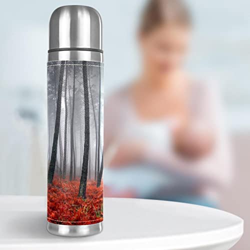 Foggy Forest Red Flowers Stainless Steel Water Bottle, Leak-Proof Travel Thermos Mug, Double Walled Vacuum Insulated Flask 17 OZ