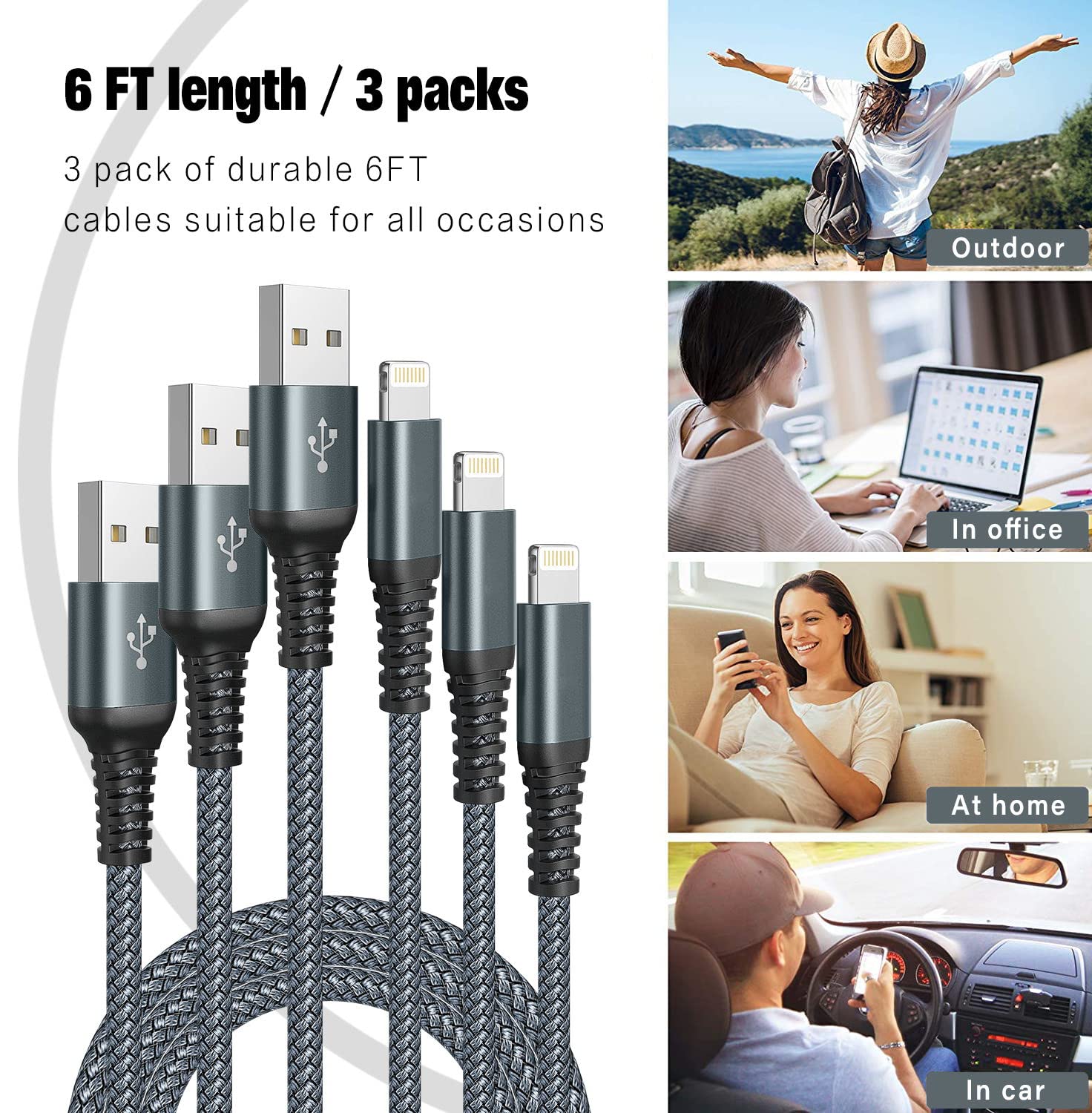 iPhone Charger, MFi Certified Lightning Cable 3Pack 6FT iPhone Charger Cord Fast Charging Nylon Braided Apple Charger, Compatible with iPhone 14/13/12/11/X/Pro/Max/8/7/6/6S/SE/Plus/iPad(Gray)