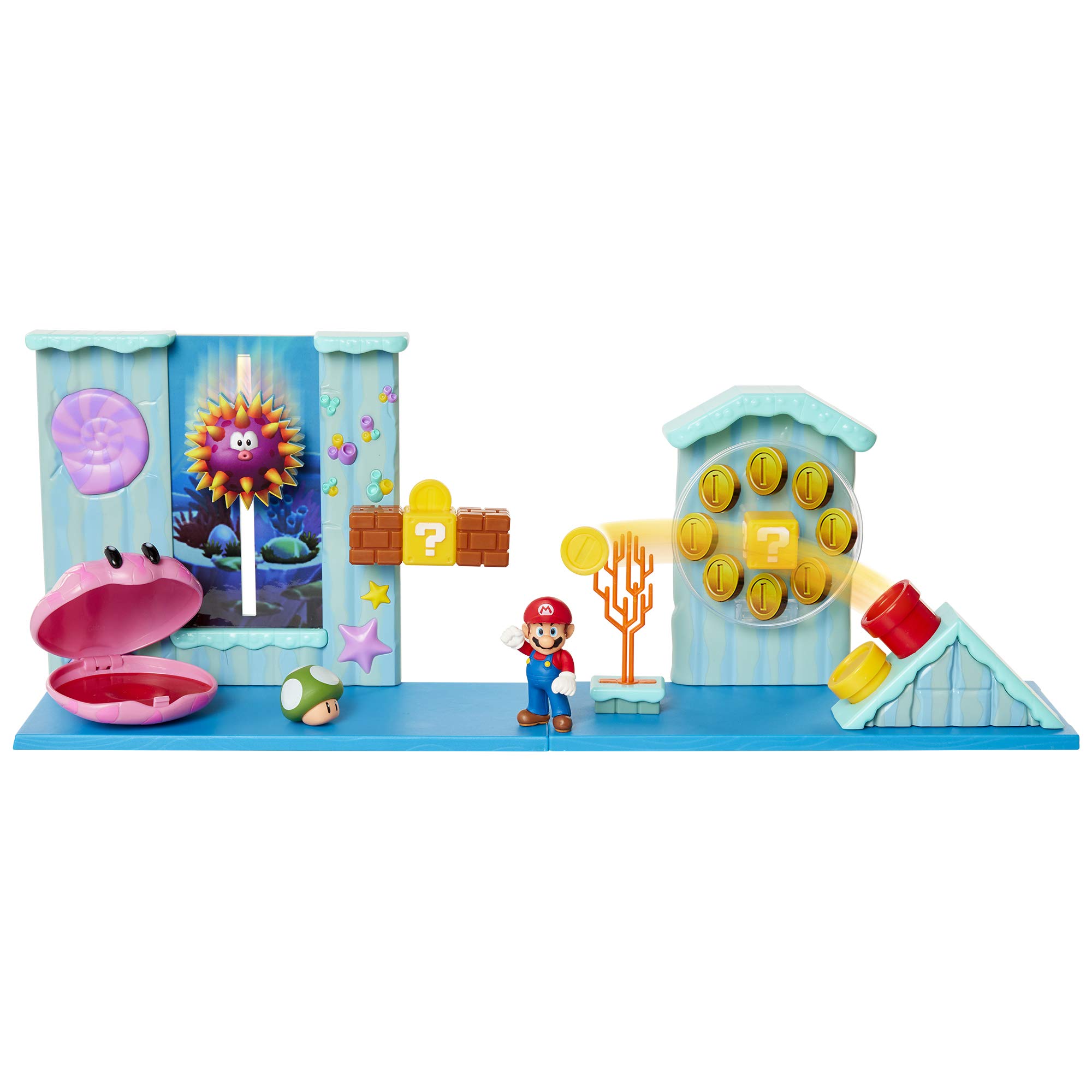 Nintendo Super Mario Deluxe Underwater Playset with 5 Interactive Environmentpiece – Includes 2.5” Mario Figure, 1-Up Mushroom Accessory & Warp Pipe Coin Launcher