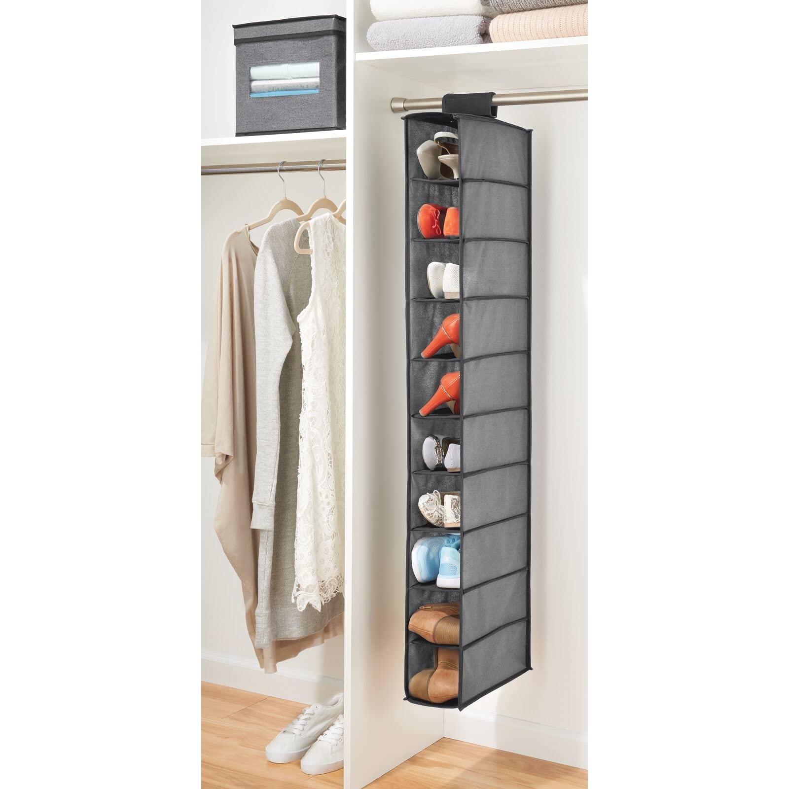 mDesign Soft Fabric Closet Organizer - Holds Shoes, Handbags, Clutches, Accessories - 10 Shelf Over Rod Hanging Storage Unit - Textured Print - 2 Pack - Charcoal Gray/Black