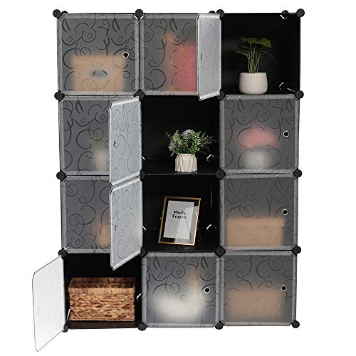 VINGLI Cube Storage, 12 Cube Organizer Shelves, Plastic Closet Cabinet, DIY Modular Storage Cube Organizer with Doors for Bedroom Living Room Office, Black