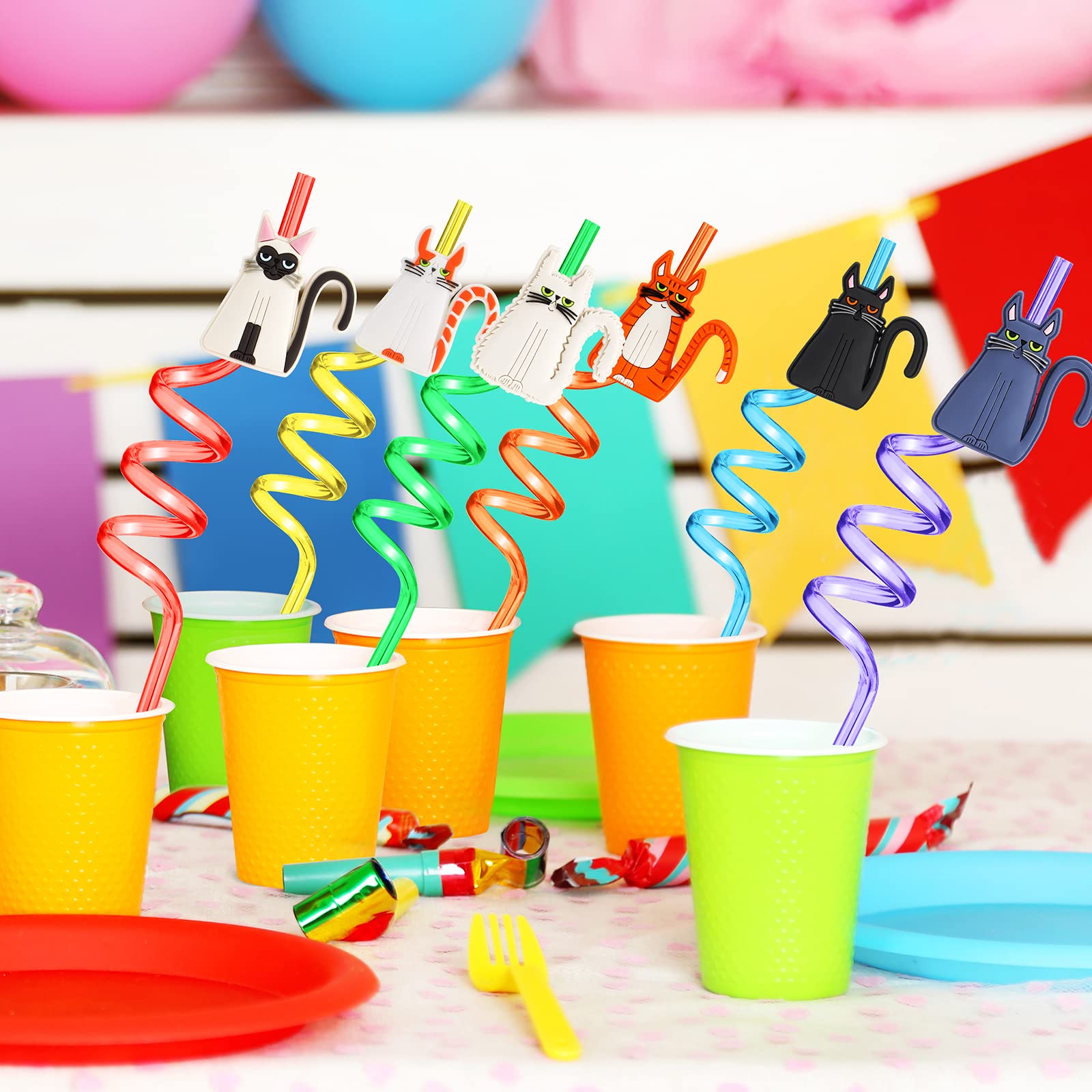 Cat Party Supplies, 24Pcs Cat Straws and 2Pcs Cleaning Brushes, Reusable Plastic Cat Straws, Cat Party Supplies Favors,Birthday Party Decorations
