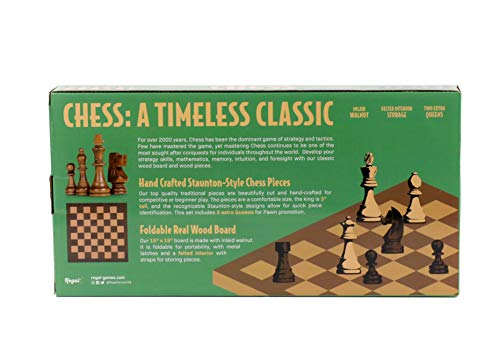 Regal Games 15 Inch Wooden Chess Set - 2 Extra Queens - Folding Board, Portable Chess Board Game Sets with Staunton Game Pieces Storage Slots - Chess Set for Kids and Adults