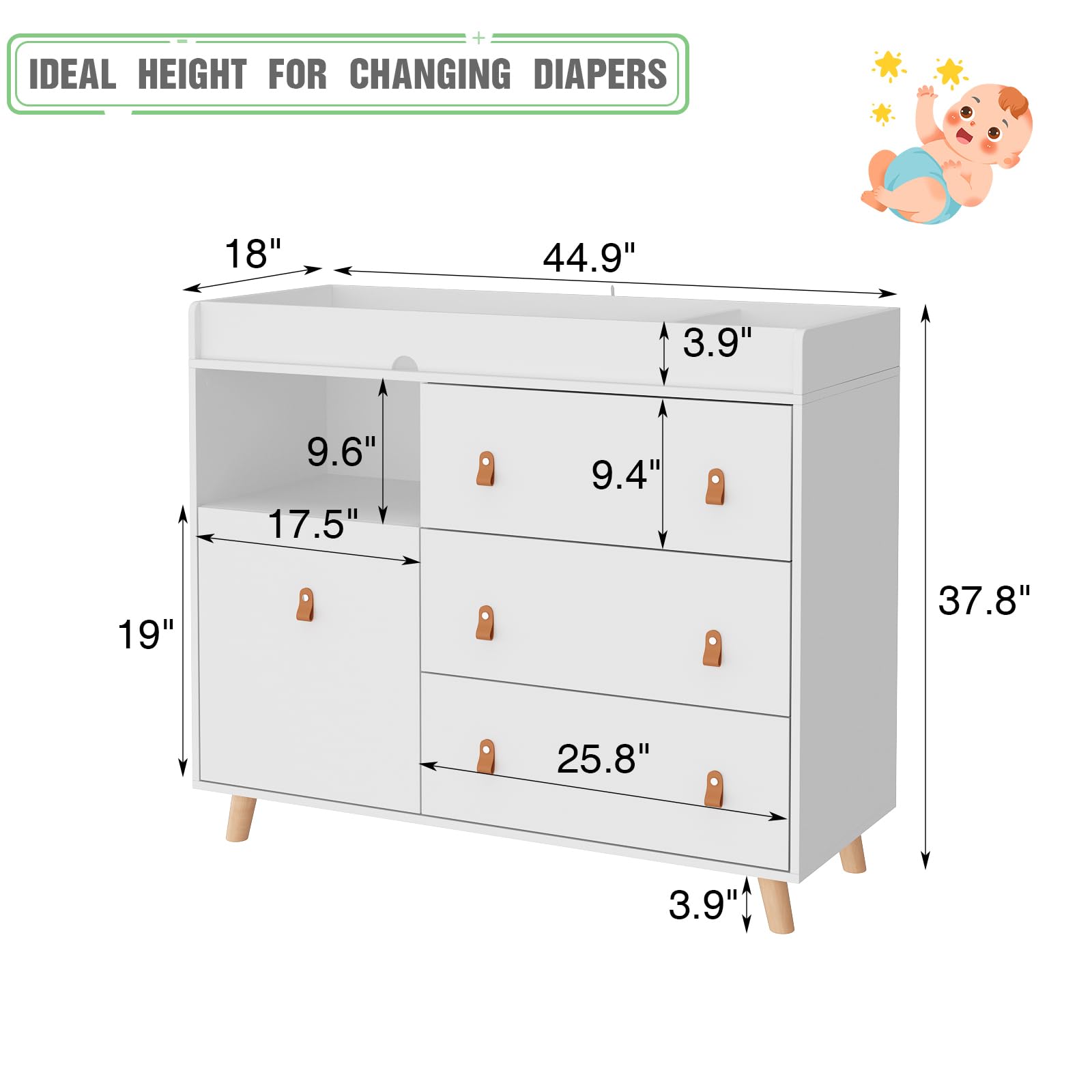 DAWNSPACES Baby Changing Table Dresser for Infants, Nursery Dresser Chest with Drawers, Storage Changing Station, White