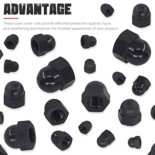 Hilitchi 7Sizes 100Pcs Black Nylon Acorn Nut Metric Inner Threaded Cap Nuts Assortment Kit M3 4 5 6 8 10 12 Dome Nuts