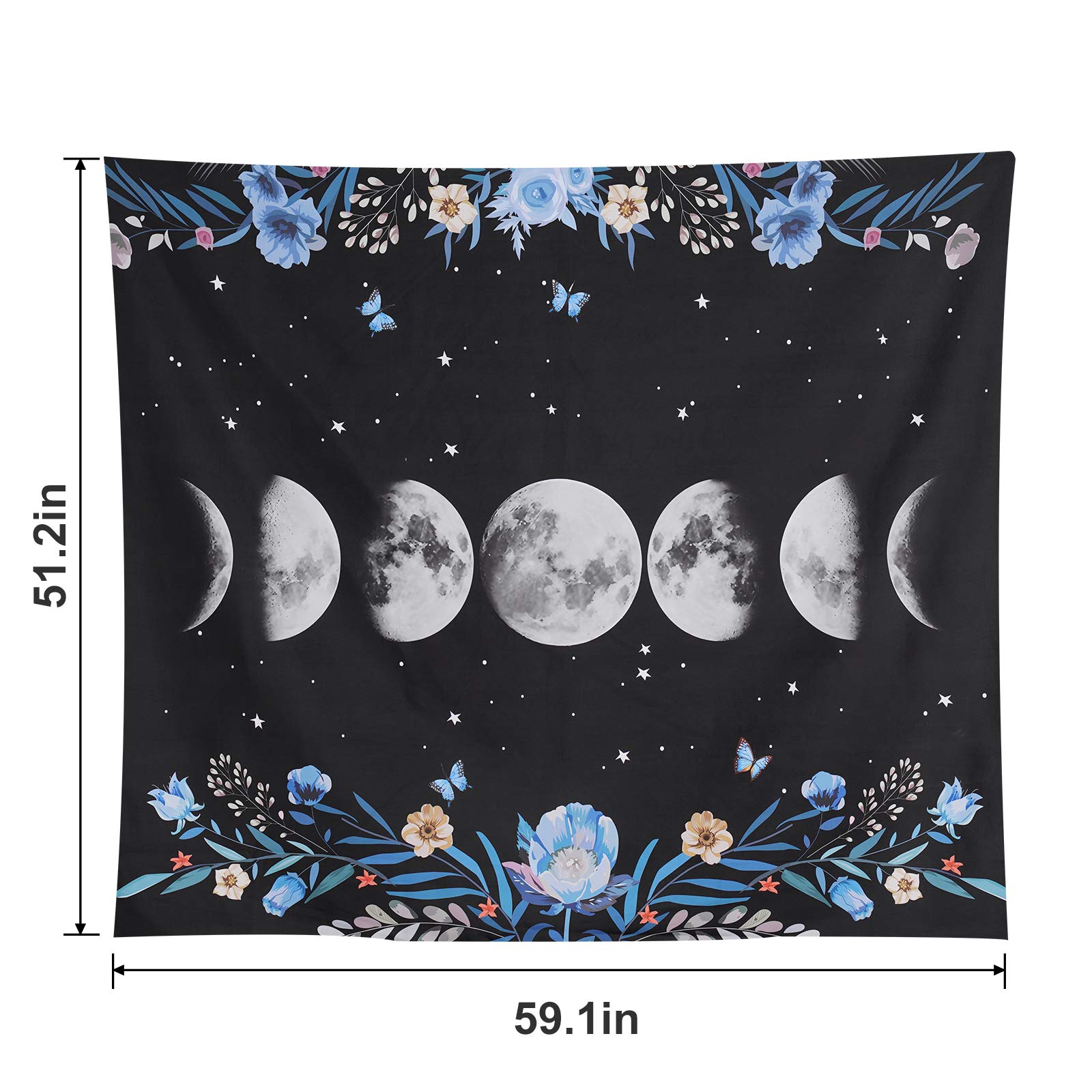 Pocass Moon Phase Tapestry with Floral Vine Butterfly Moonlit Garden Tapestry Black Background Flower Wall Hanging Tapestry for Home 59.1ʺ × 78.7ʺ