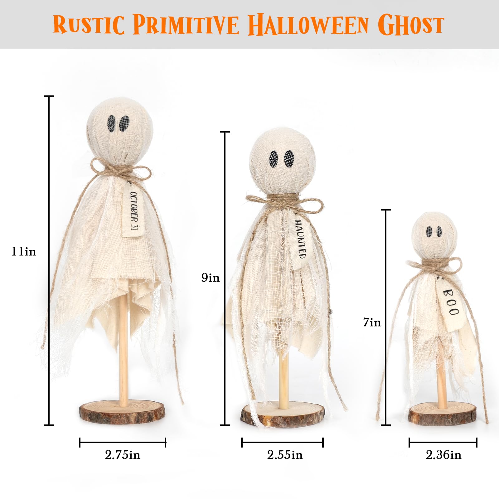 DAZONGE Halloween Decorations Indoor - Set of 3 Primitive Halloween Ghosts on Wooden Stand for Table Centerpieces, Shelves, and Mantels - Spooky Halloween Decor