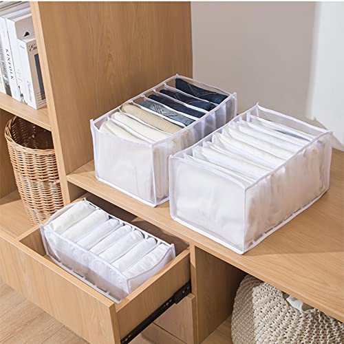 FLOODKING Wardrobe Clothes Organizer, 2Pcs Foldable Washable Drawer Storage Boxes With 7 Compartments, High Capacity Grids Closet Dividers for Underwear, Socks, T-shirts, jeans (large, White)