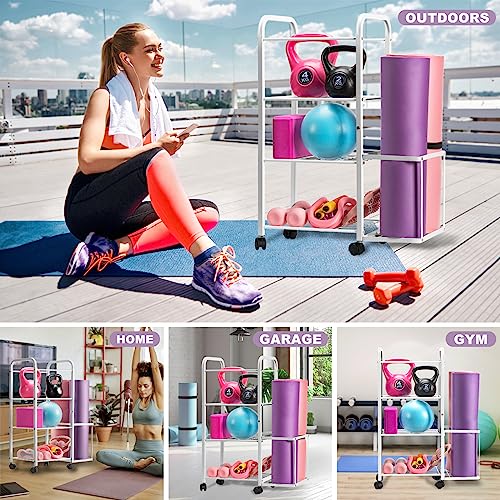 Emfogo Yoga Mat Holder Home Gym Storage Rack Yoga Mat Workout Storage for Foam Roller, Yoga Strap and Resistance Bands, Weight Rack for Dumbbells Workout Equipment Storage Organizer With Wheels