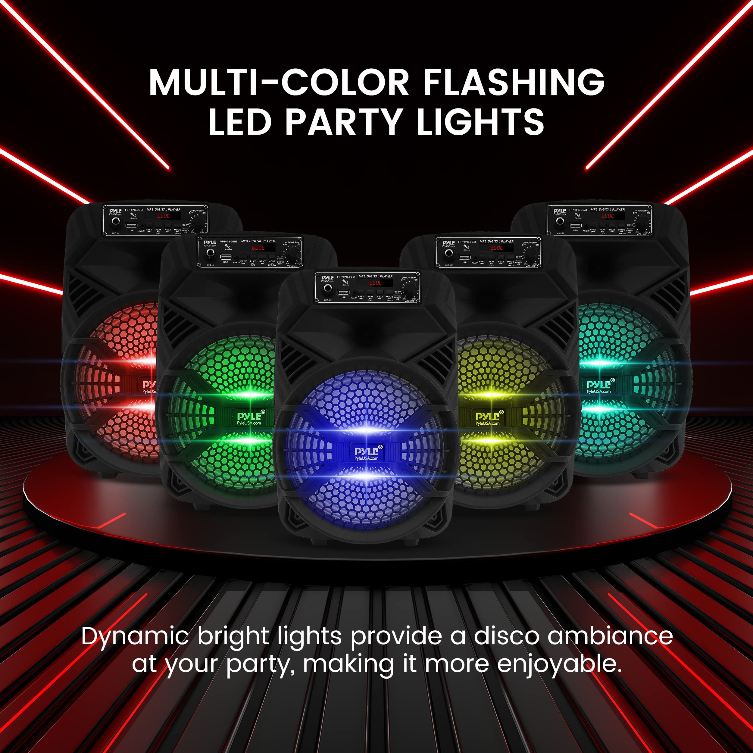 Portable Bluetooth PA Speaker System - 300W Rechargeable Indoor/Outdoor Bluetooth Portable PA System w/ 8β Subwoofer 1β Tweeter, Microphone In, Party Lights, MP3/USB, Radio, Remote - Pyle PPHP836B
