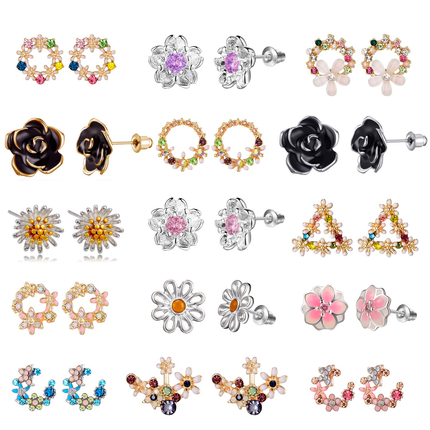 Stainless Steel 15 Paris Chic Folwer Stud Earrings with Colorful CZ Crystal for Teens Girls Women - Floral Patterns Design Multicolor Cubic Zirconia Jacket Stud Earrings Jewelry Set (#2-15 pairs)