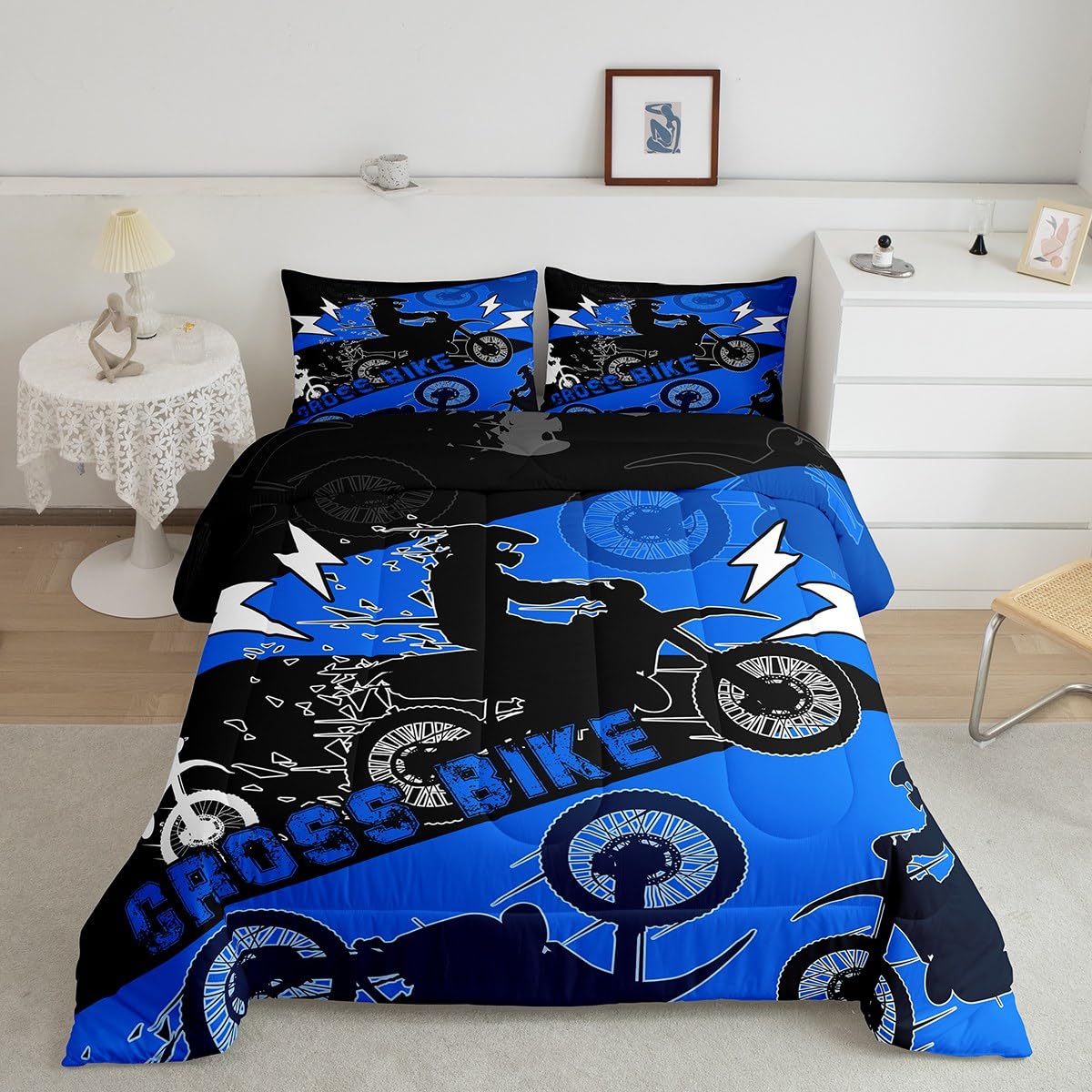 Erosebridal Boys Dirt Bike Bedding Sets Twin Motocross Comforter Set Dirtbike Room Decor for Boys Kids Girls Adult,Rider Motorcycle Bed Set Cool Extreme Sports Comforter Sets 2Pcs,Blue Black