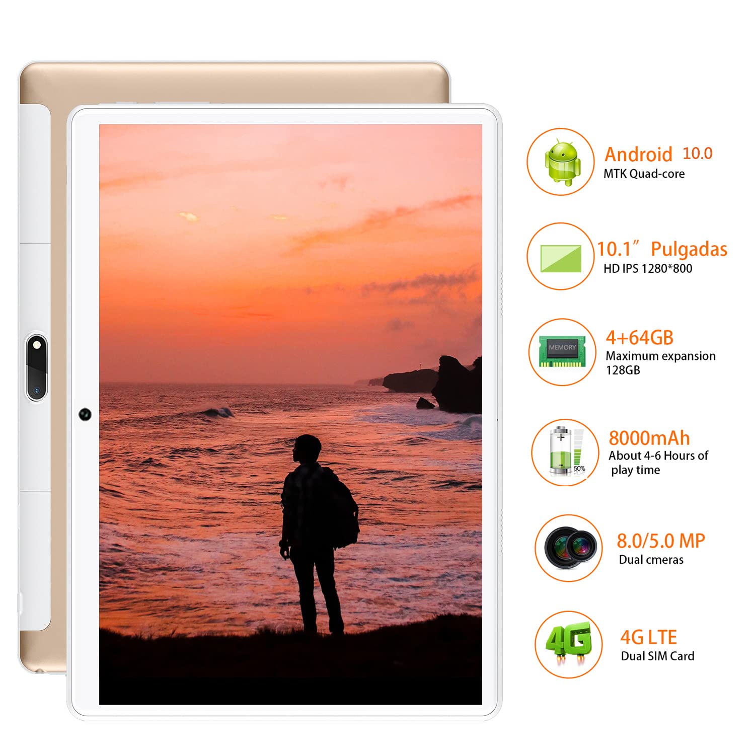 DUODUOGO Tablet 10 Inch Android 10 Tablets, 64GB ROM 128GB Expand,2 in 1 Tablet, Dual 4G Cellular Tablet with Keyboard, 8000mah, 5MP+8MP Camera, Bluetooth,GPS,IPS HD Screen,Wi-Fi Computer Tablet