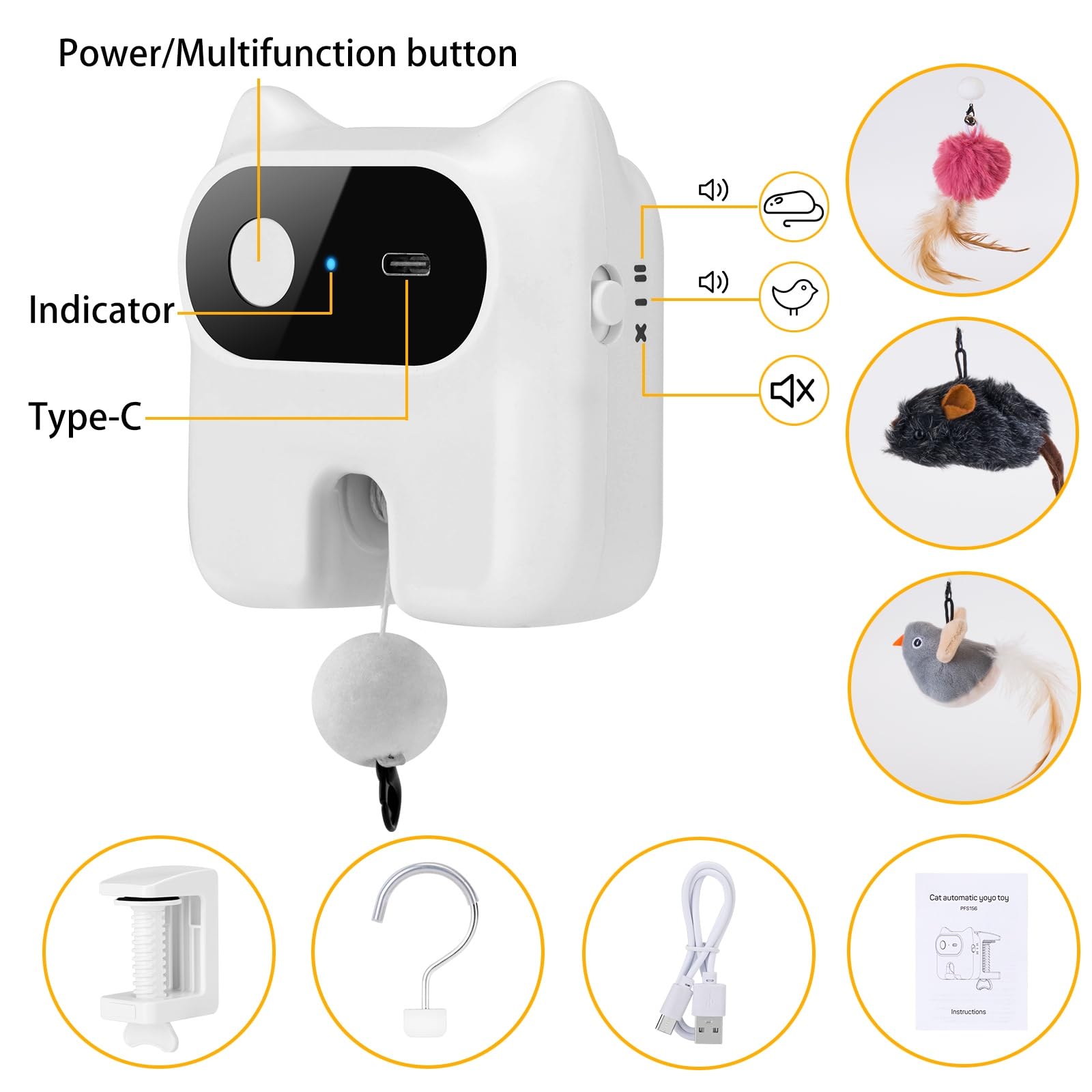 Cat Toys for Indoor Cats 2023 New Interactive Cat Feather Toy,【Chirping Bird/Mouse/Ball】 Stimulate Hunting, Rechargeable Automatic Cat Hanging Toy