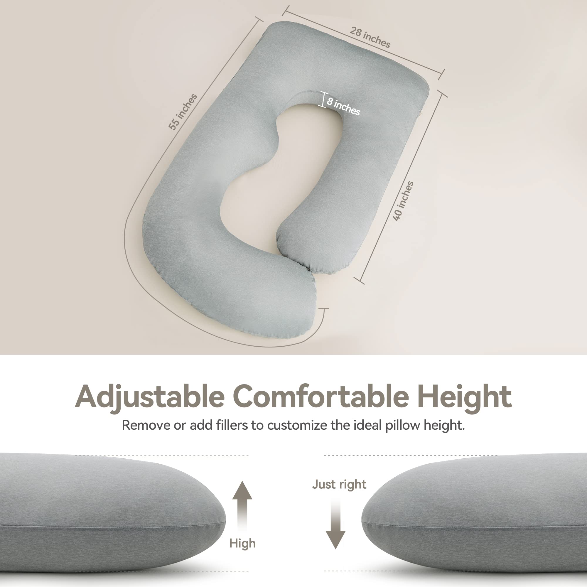 Insugar Pregnancy Pillows for Sleeping with Cooling Cover, U Shaped Body Pillows for Pregnancy, Maternity Pillow for Pregnant Women, Support Belly, Back and Knees, 55 x 28 Inch Grey