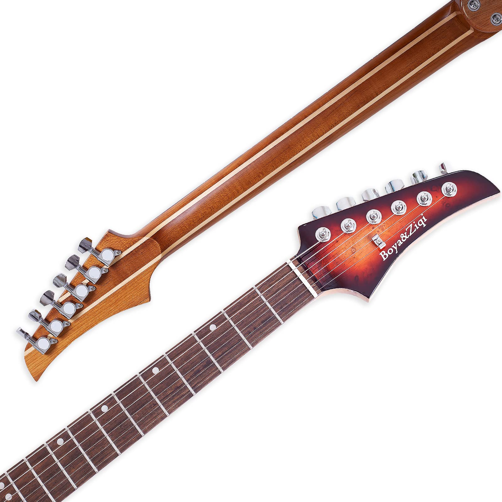 Boya&Ziqi BZK-024 Electric Guitar, Stainless Steel Frets (Hand Polished), Push-Pull Volume Control,5 Piece Roasted Maple/Maple Neck,Mahogany Body Topped with Burl Venner (Hot Magma, Right)