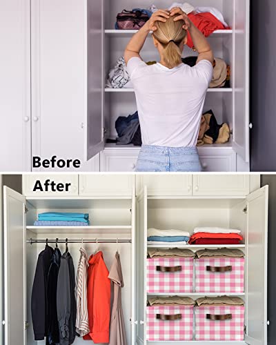 Cube Storage Bins Cloth Towel Organizer Valentine's Day Easter Pink Plaid Checkered Fabric Collapsible Storage Baskets with Handles for Home Office Closet Shelves Toy Nursery 2 Pack