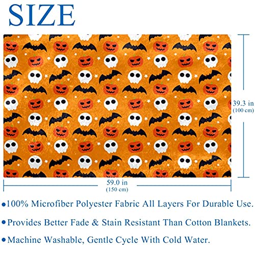 Halloween Skull Pumpkin Bat Pattern Prints Soft Warm Cozy Blanket Throw for Bed Couch Sofa Picnic Camping Beach, 150×100cm