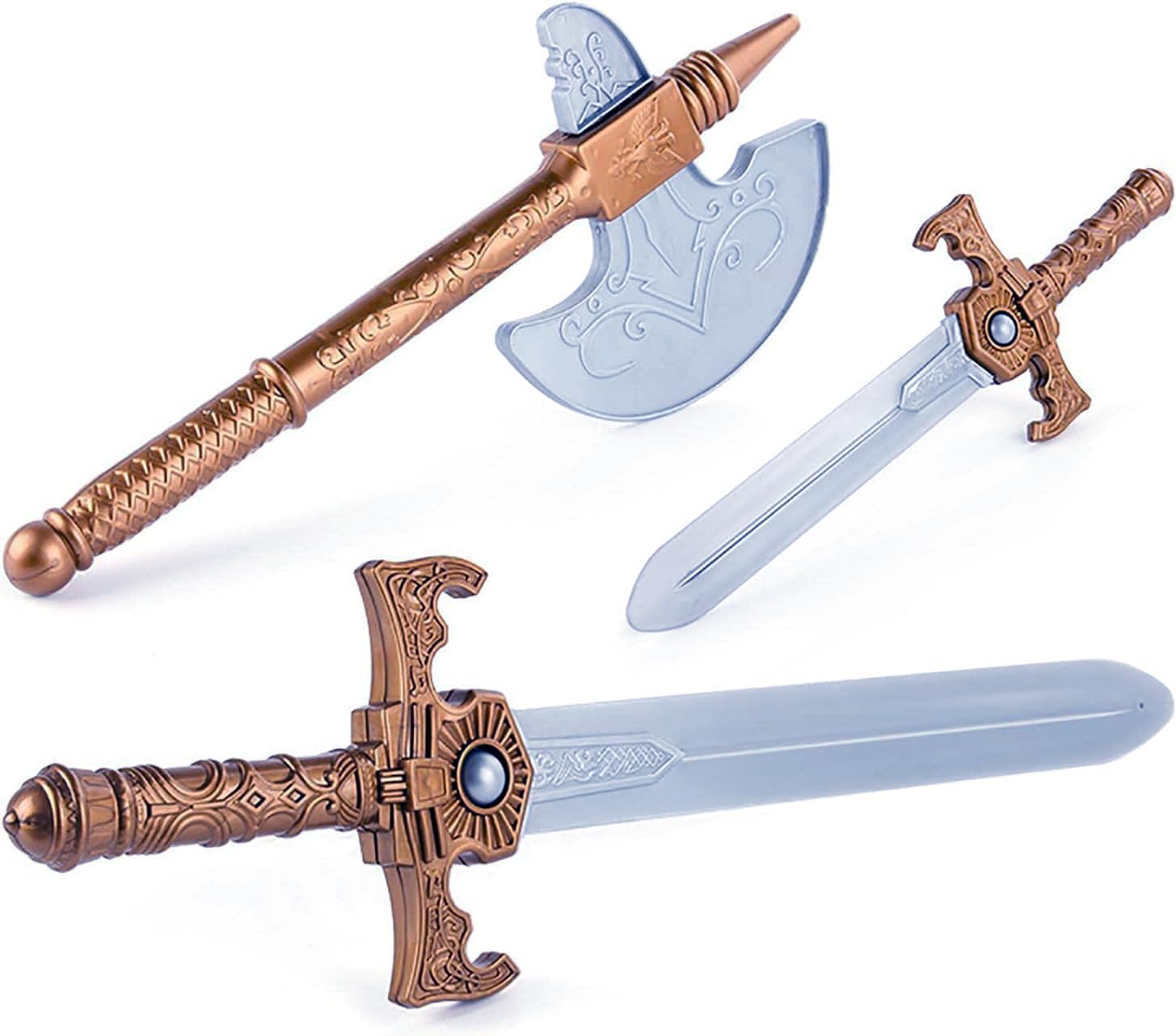 Medieval Knight in Shining Armor, Kids Crusader Pretend Role Play Plastic Costume Dress Up Cosplay with Toy Swords, Axe, Shield, Weapons & Accessories Playset