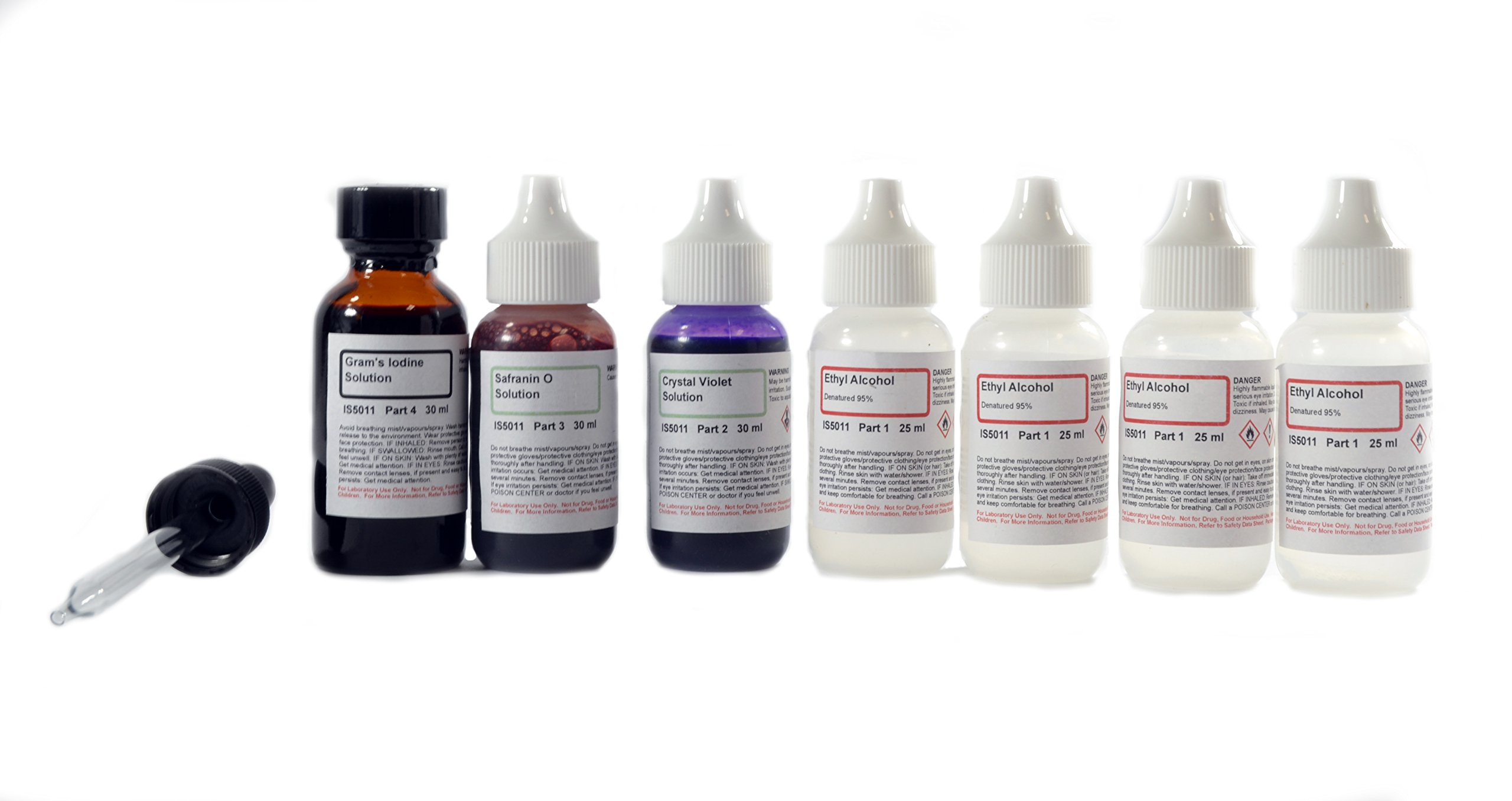 Gram Stain Kit, 7 Dropper Bottles - Crystal Violet (30mL), Safranin O 1.0% (30mL), Potassium Iodide 1.85% (30mL), 95% Denatured Ethyl Alcohol (4x25mL) - Includes Instructions - Innovating Science