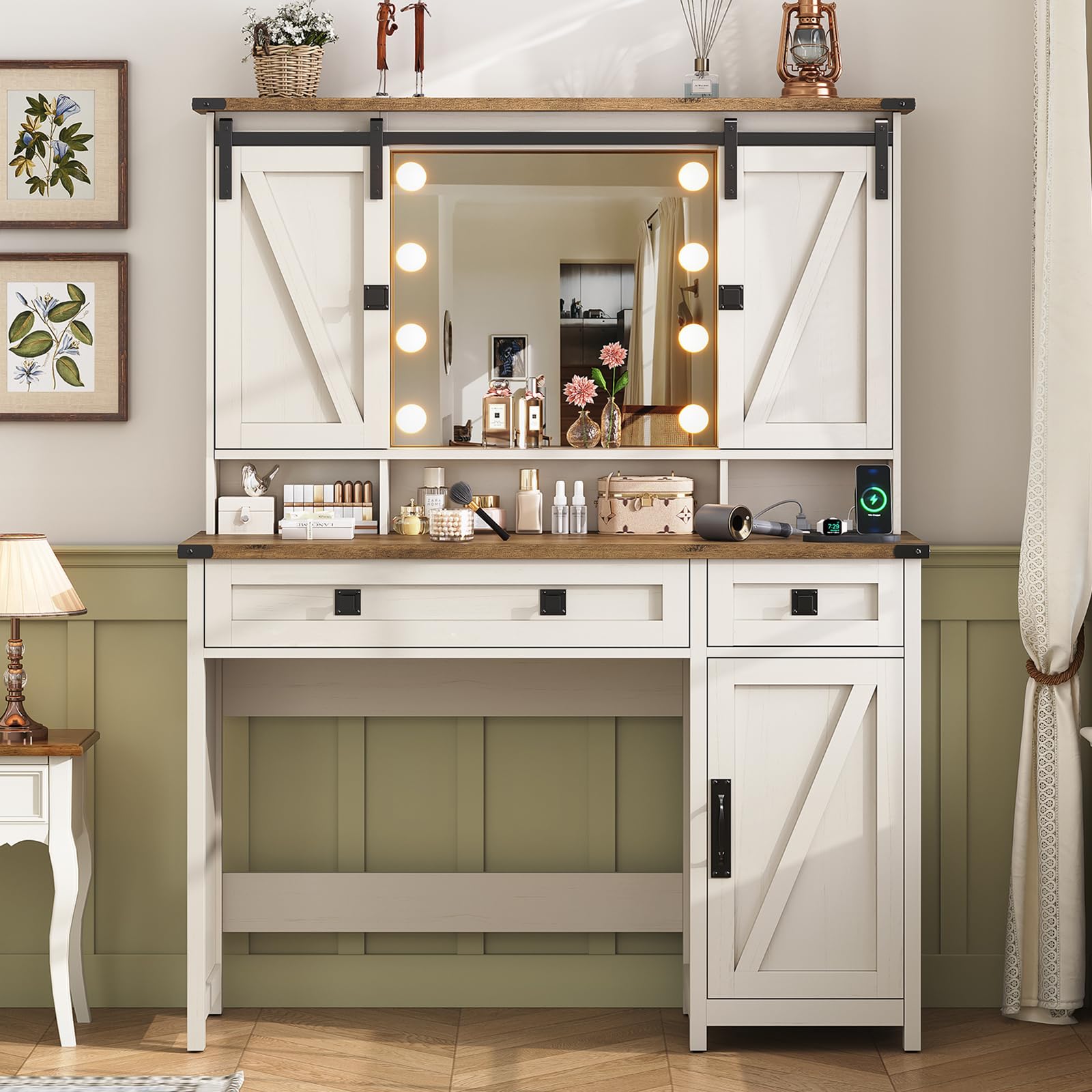 Farmhouse Vanity Desk with Mirror and Lights, 41" Sliding Door Makeup Vanity with Charging Station, Large Vanity Table with Drawers/Shelves/Cabinet Storage, Antique White