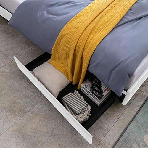 Horgaeo California King Size Bed Frame with 4 Storage Drawers and Button Decoration Liftable 5cm PU Headboard,No Box Spring Needed, Modern Iron-Wood Frame Easy Assembly, White.