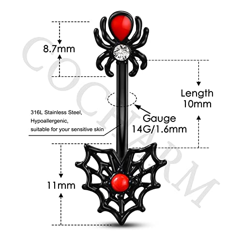 COCHARM Black Spider Web Belly Button Rings 14g Red Halloween Belly Navel Rings for Women Detailed Belly Button Piercing Cute Stomach Navel Rings