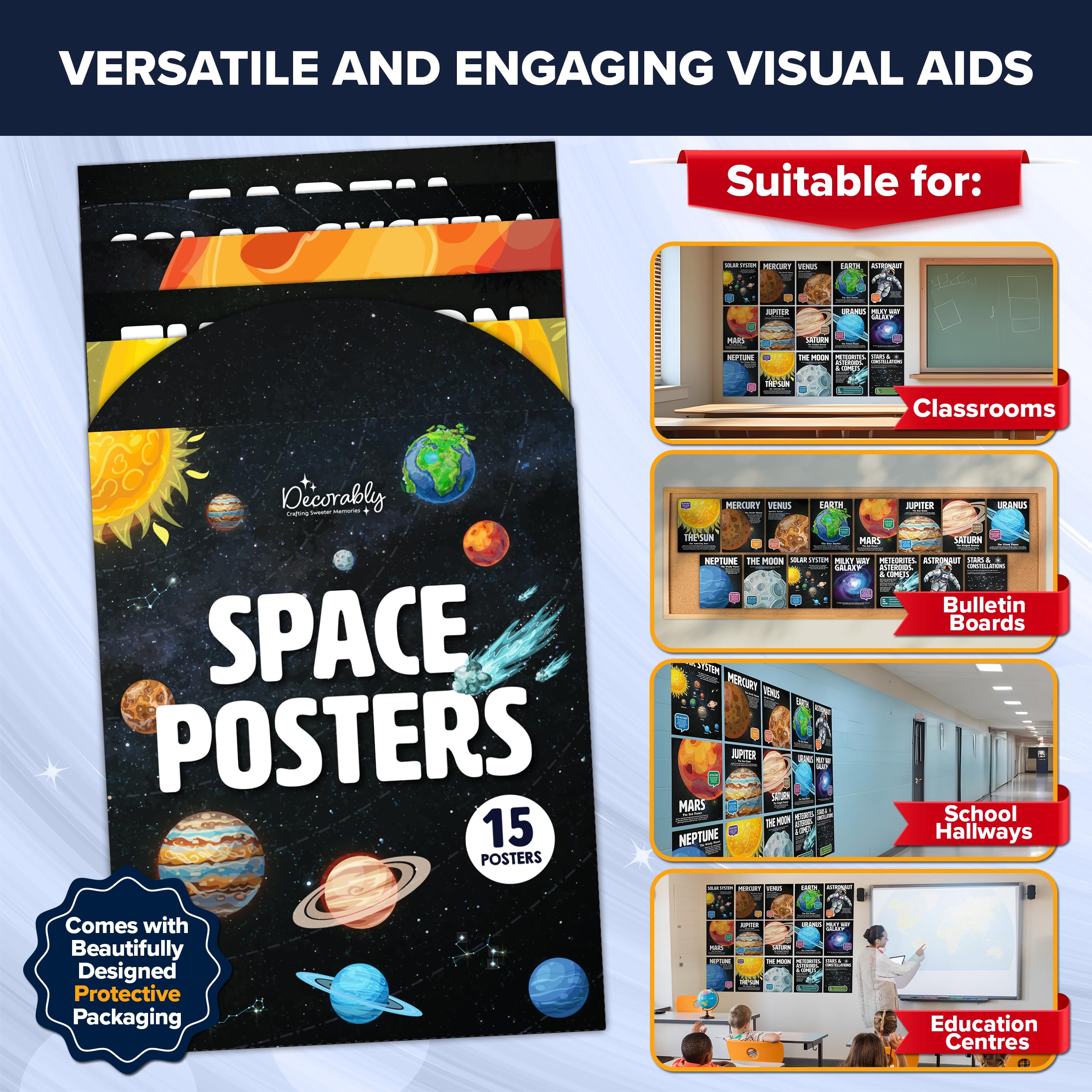 Decorably 15 Space Theme Classroom Decor - 11x14in Space Classroom Decor, Solar System Poster, Space Decorations for Classroom, Space Posters, Outer Space Classroom Decorations, Space Poster