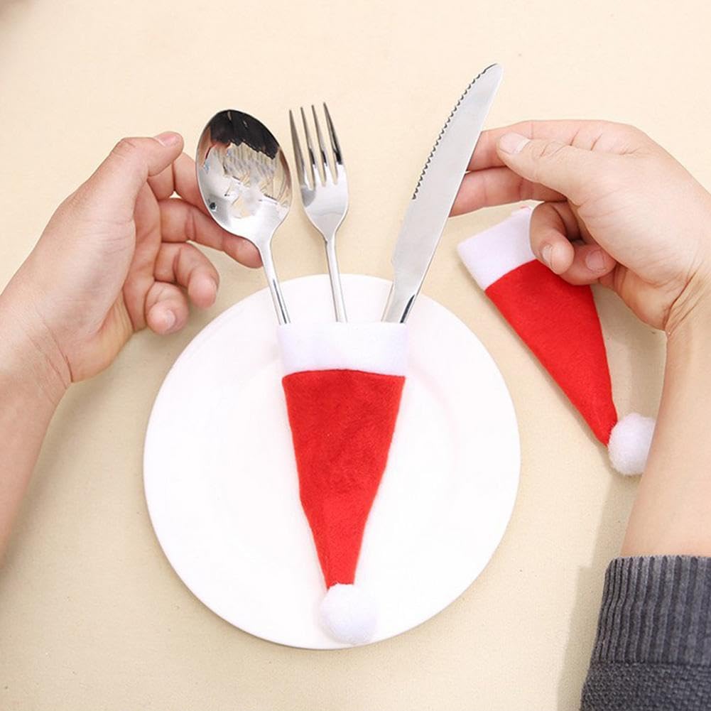 Christmas Santa Hats Silverware Holders,Xmas Party Dinner Table Dinnerware Decorations,Mini Santa Hats for Silverware Holders, Candy Covers, Wine Bottle Decor