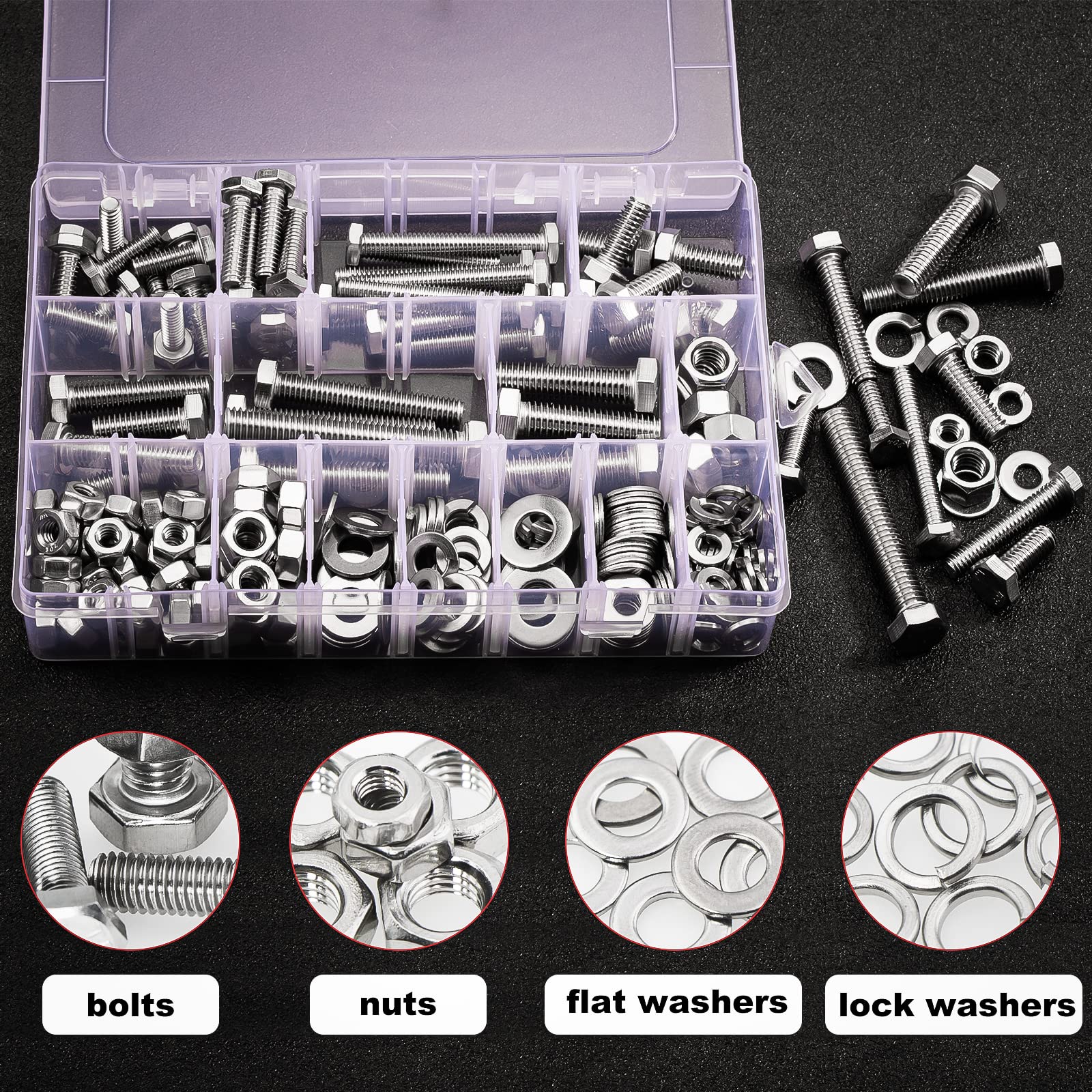 CO-RODE 236PCS 1/4-20, 5/16-18, 3/8-16 Heavy Duty Bolts and Nuts Assortment Kit,SAE Flat Washers, Lock Washers,304 Stainless Steel,10 Most Common Sizes