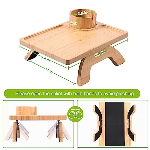 Lorbro Couch Arm Table, Couch Arm Tray with 360° Rotating Cup Holder, Bamboo Sofa Arm Tray for Couch, Foldable Sofa Armrest Tray, Clip on Side Table for Eating, Snacks, Remote, Drinks, No Installation