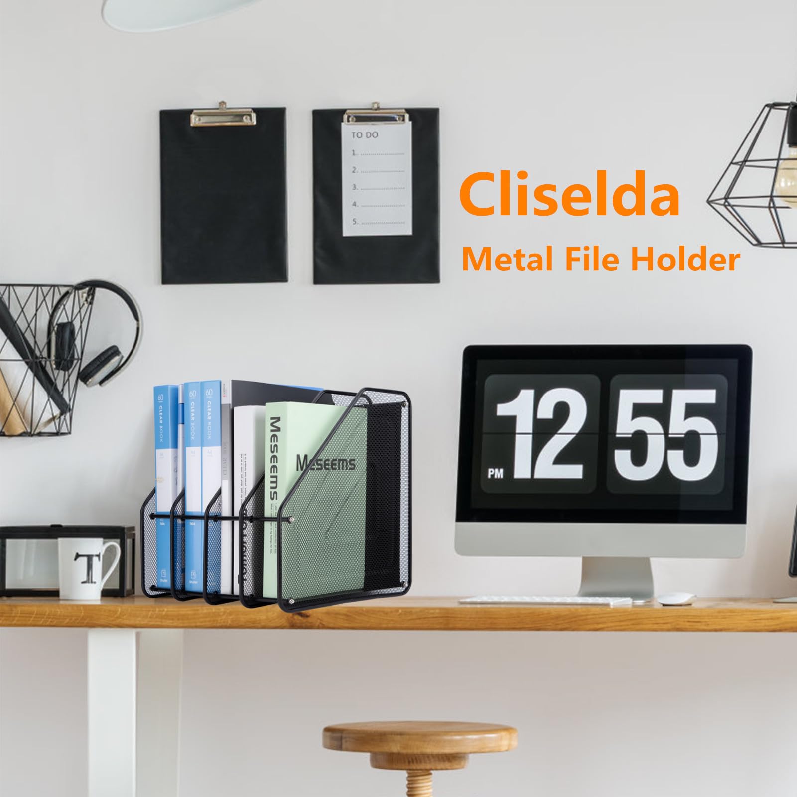 Cliselda Metal Mesh Magazine File Holder with 4 Vertical Compartments, Desk Organizers File Folders Holder, File Organizer Binder Holder Organizer for Desk Home Office School, Black